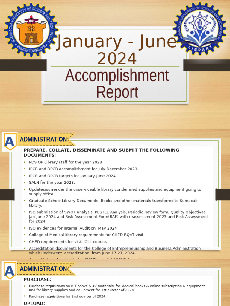 NEUST Library Accomplishment Report Jan-Jun 2024 | PDF | Libraries