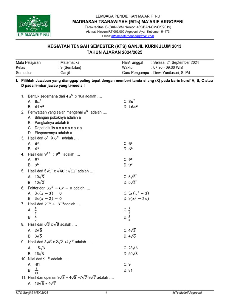 9. Soal MTK KTS Ganjil 2024_2025 | PDF