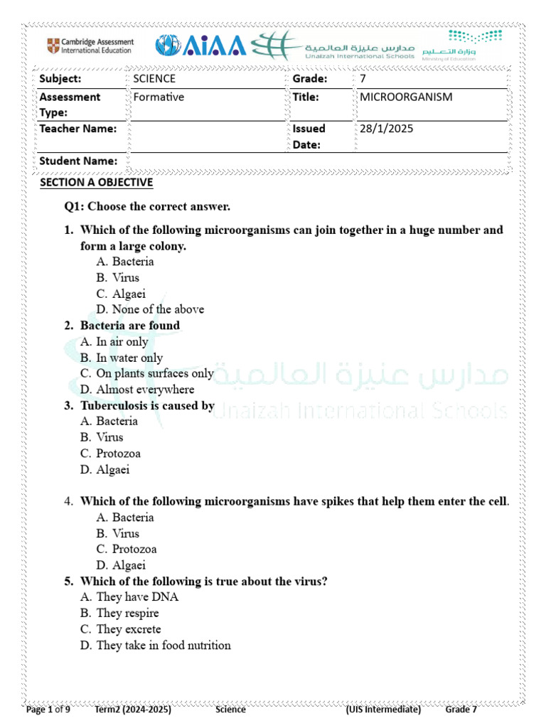 Grade 7 Science: Microorganisms Quiz | PDF | Microorganism | Bacteria