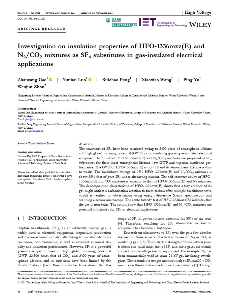 High Voltage - 2022 - Gao - Investigation On Insulation Properties of HFO 1336mzz E and N2 CO2 ...
