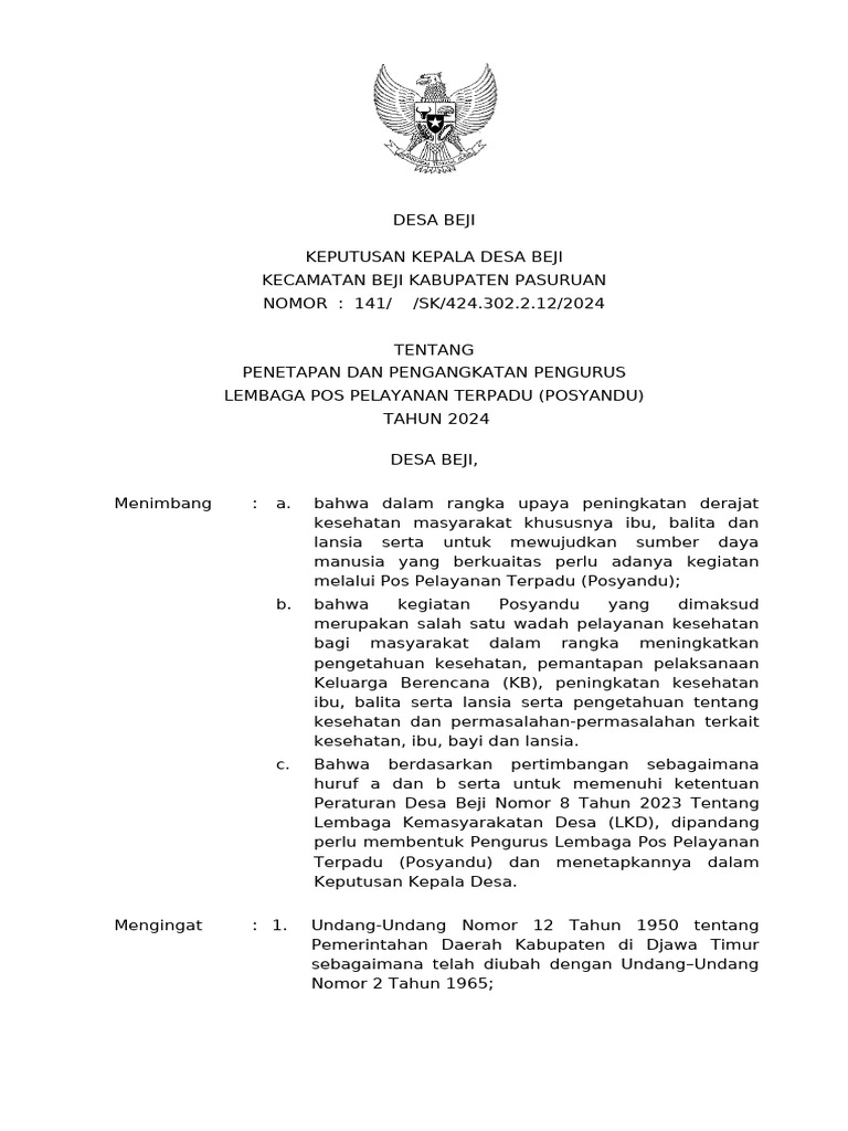 Draft - SK Pengurus Lembaga Posyandu | PDF