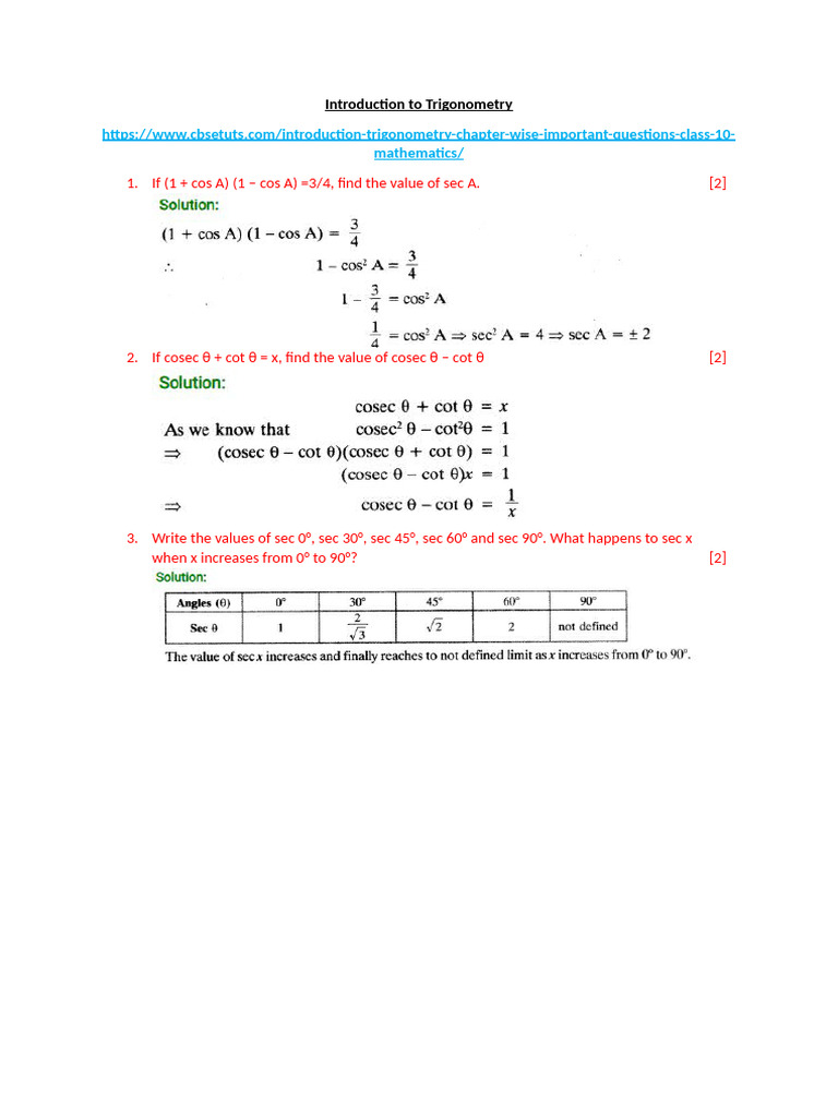 Class 10 Trigonometry Questions | PDF | Trigonometric Functions | Trigonometry