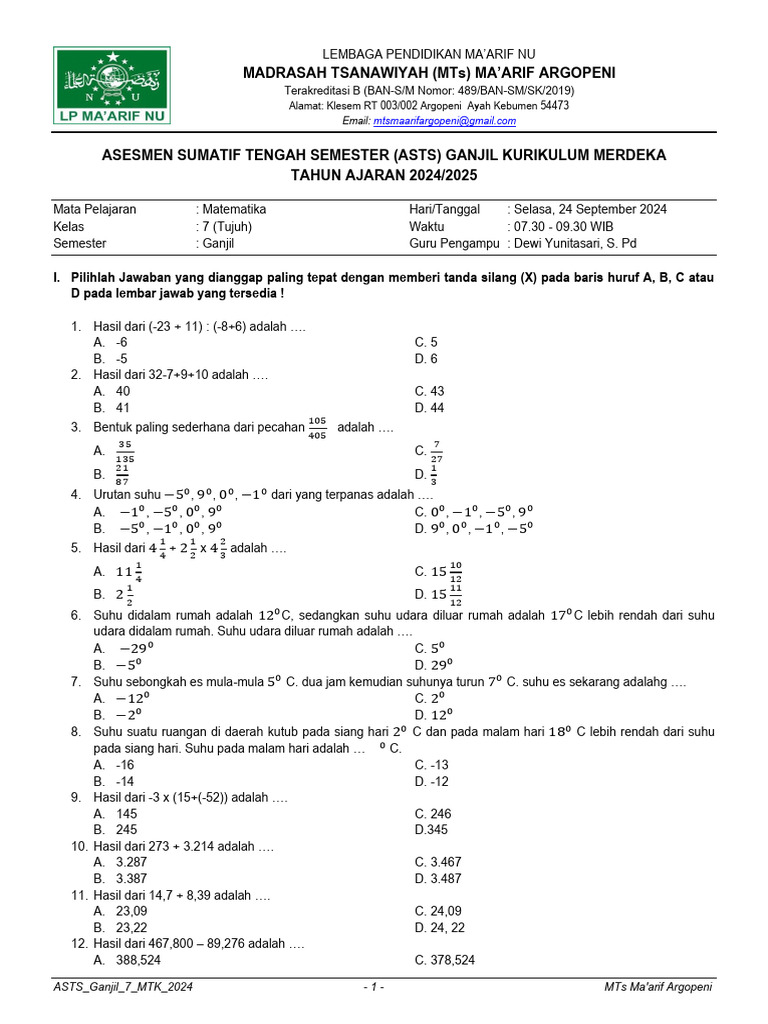 7. Soal MTK ASTS Ganjil 2024_2025 | PDF