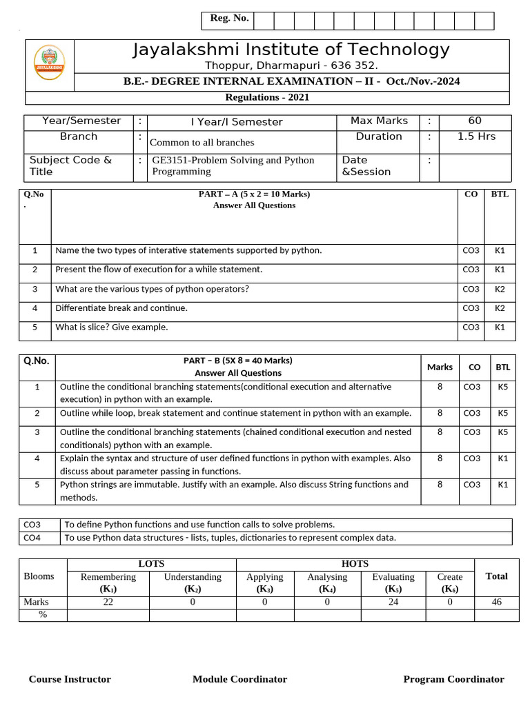 IAT-I QP Model | PDF | Python (Programming Language) | Control Flow