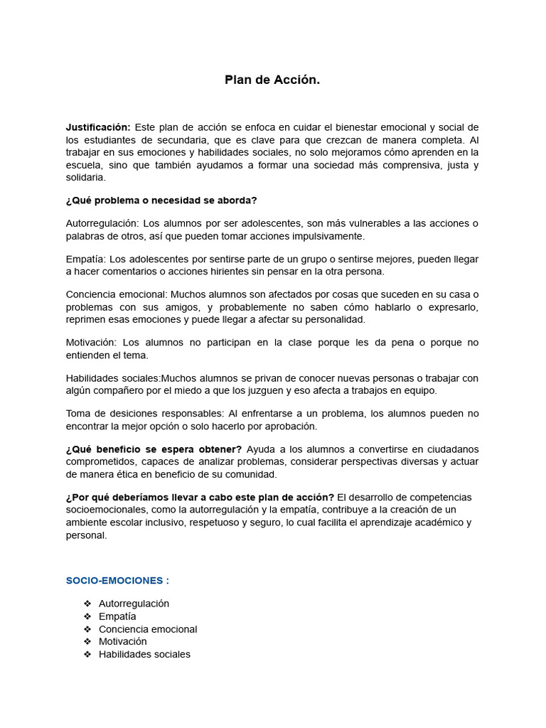 Plan de Acción para Bienestar Estudiantil | PDF | Autorregulación ...