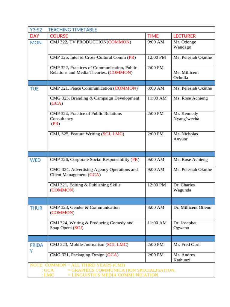 Y3:S2 Communication Courses Timetable | PDF