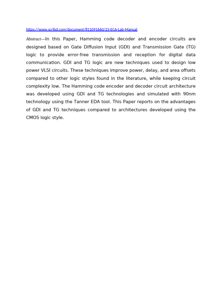 Hamming Code Encoder/Decoder with GDI & TG | PDF
