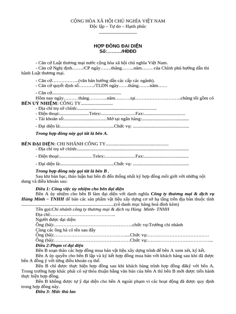 Mau Hop Dong Dai Dien | PDF