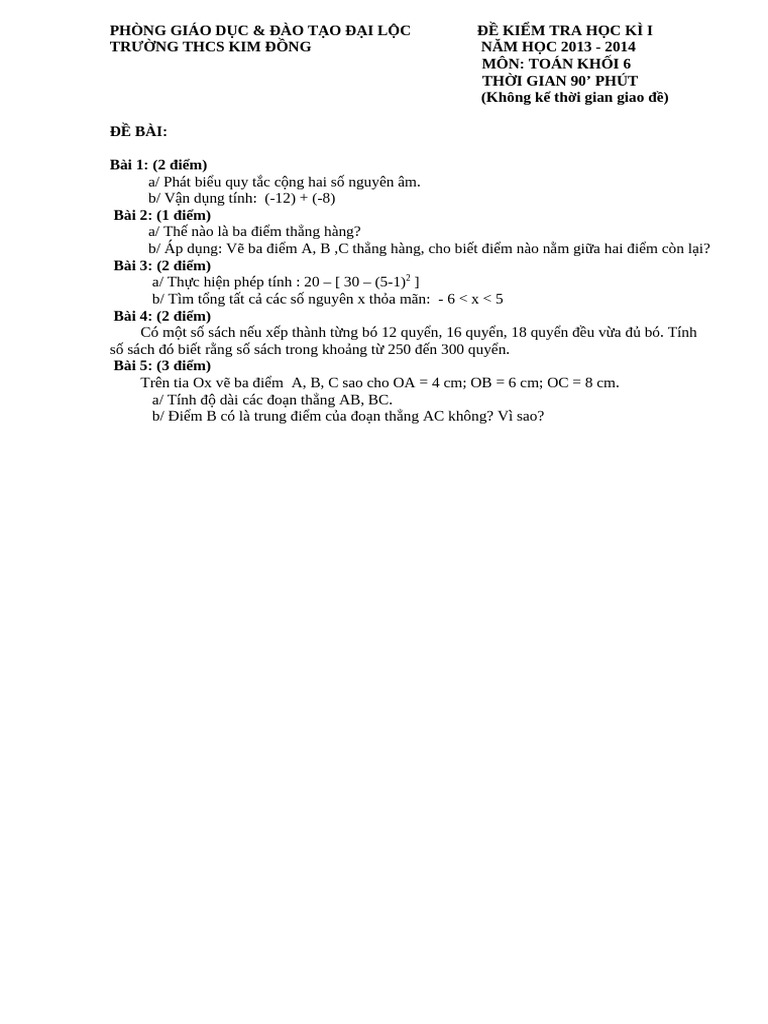 De Ktra Hoc Ki Mon Toan Lop 6 Kim Dong | PDF