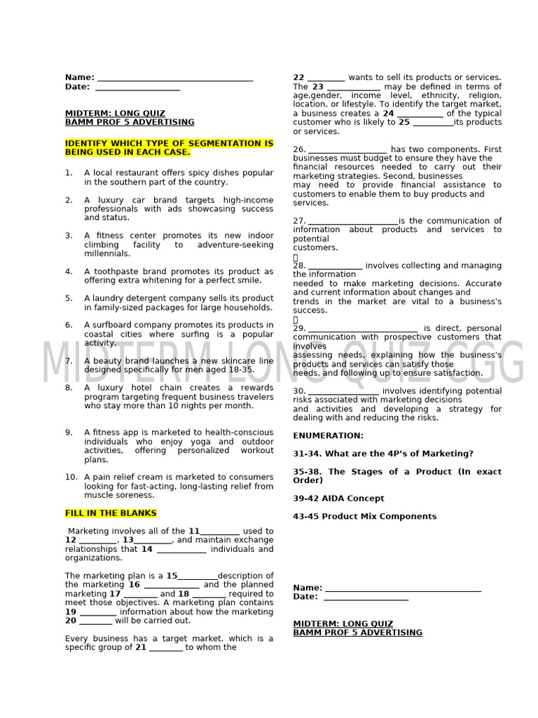 Bamm Prof 5 Advertising Midterm Long Quiz | PDF | Marketing | Brand