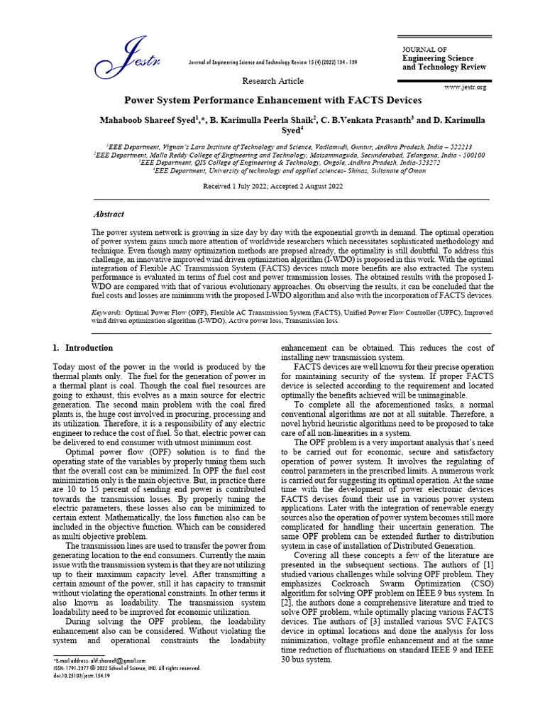 Power System Performance Enhancement With Facts Devices Pdf Force Mathematical Optimization