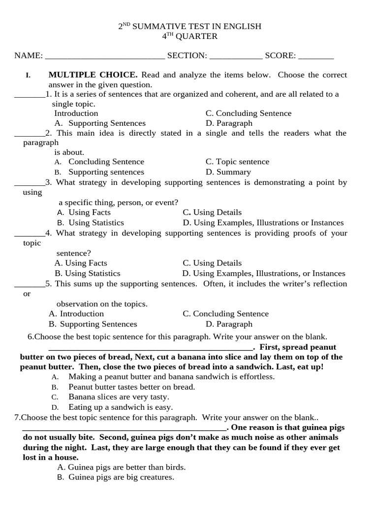 2nd Quarter English Summative Test | PDF | Sharks