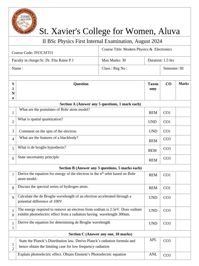 S3 Maths Internal QP 1 | PDF | Electron | Photoelectric Effect