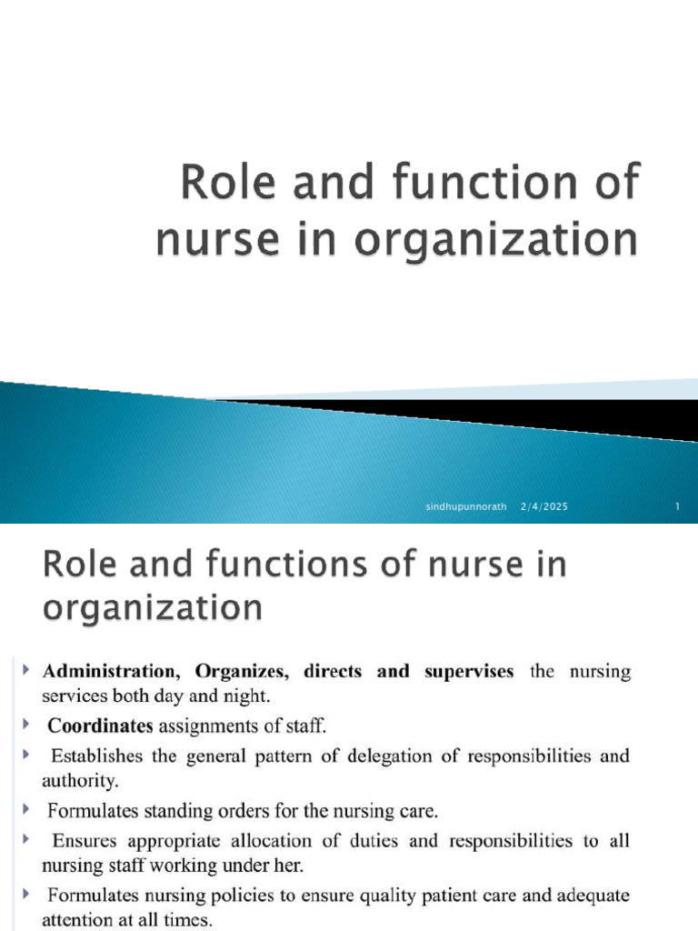 Role and Function of Nurse in Organization & SDP | PDF | Nursing | Learning