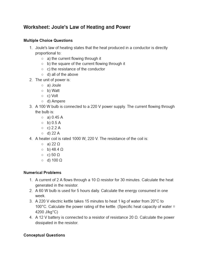 Worksheet - Joule's Law of Heating and Power | PDF | Resistor | Power ...
