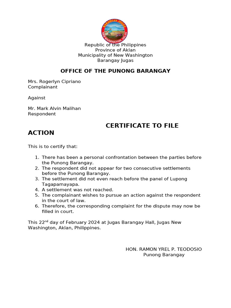 CERTFICATE TO FILE ACTION | PDF