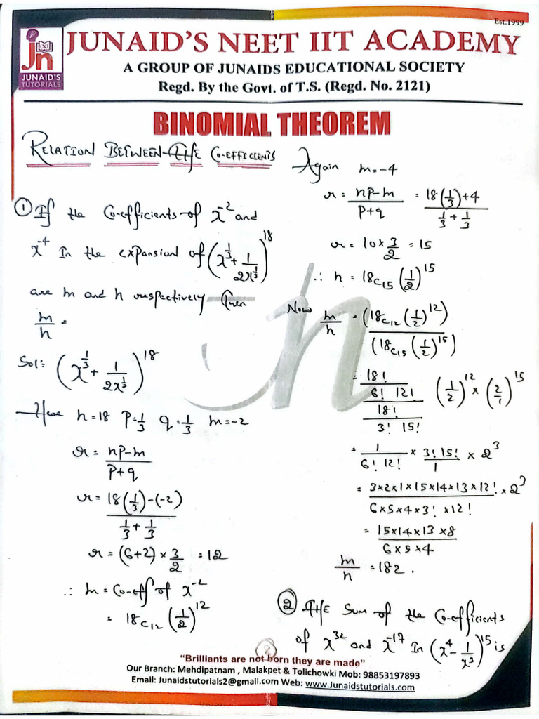 Binomial Theorem Relation Bw the Coefficient | PDF