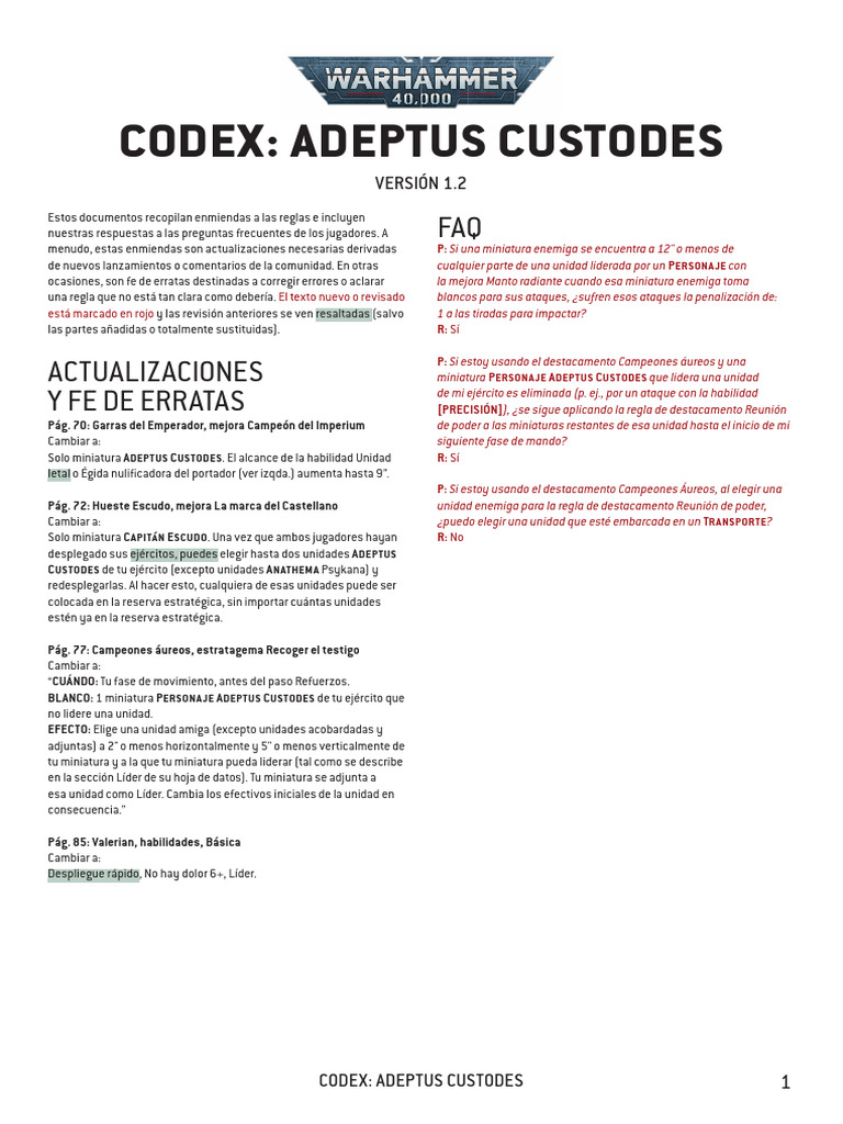 Enmiendas y FAQs Adeptus Custodes | PDF