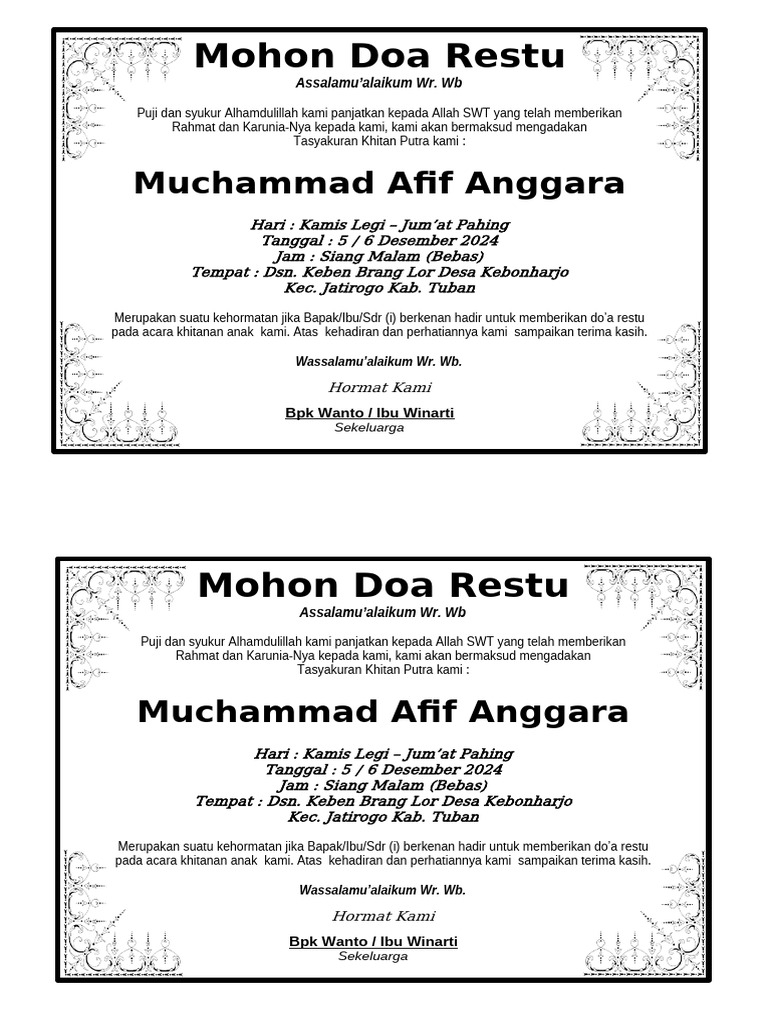 Ucapan Doa Restu Khitanan Anak | PDF