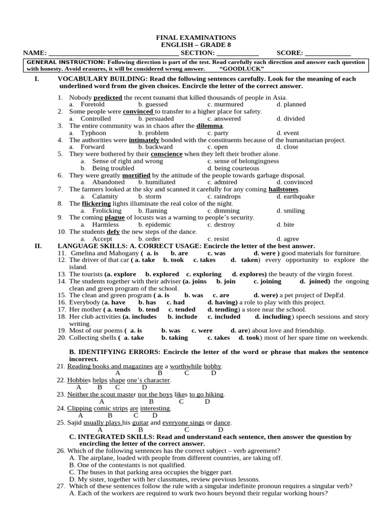 Final Exams English 8 2020 | PDF | Vedas | Verb