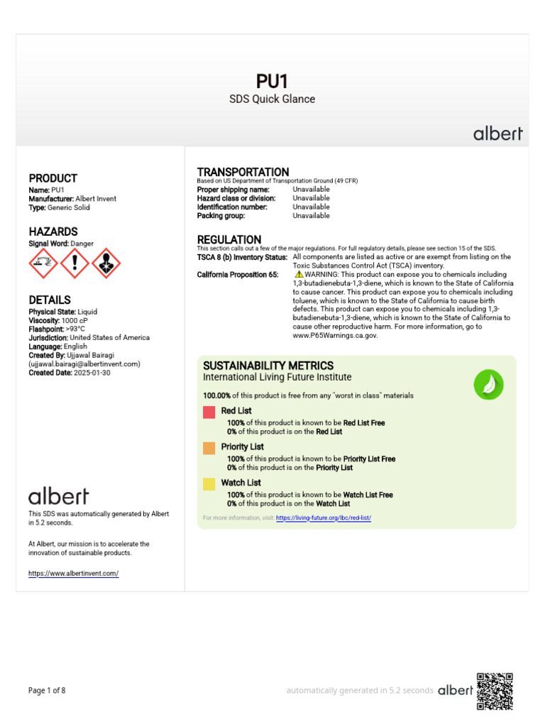 Sds P282-003 PU1 US EN | PDF | Toxicity | Dangerous Goods