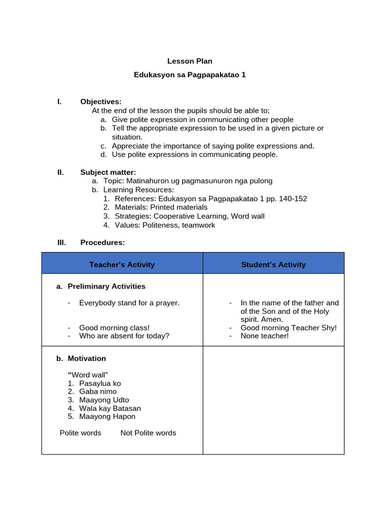 Lesson Plan Esp Values (Grade 1) | PDF | Communication | Learning