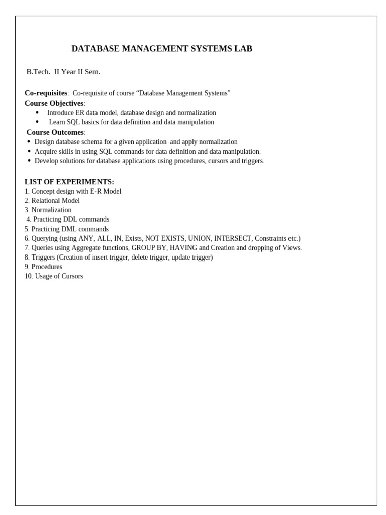 DBMS Lab Manual Ii Cse Ii Sem | PDF | Databases | Relational Database
