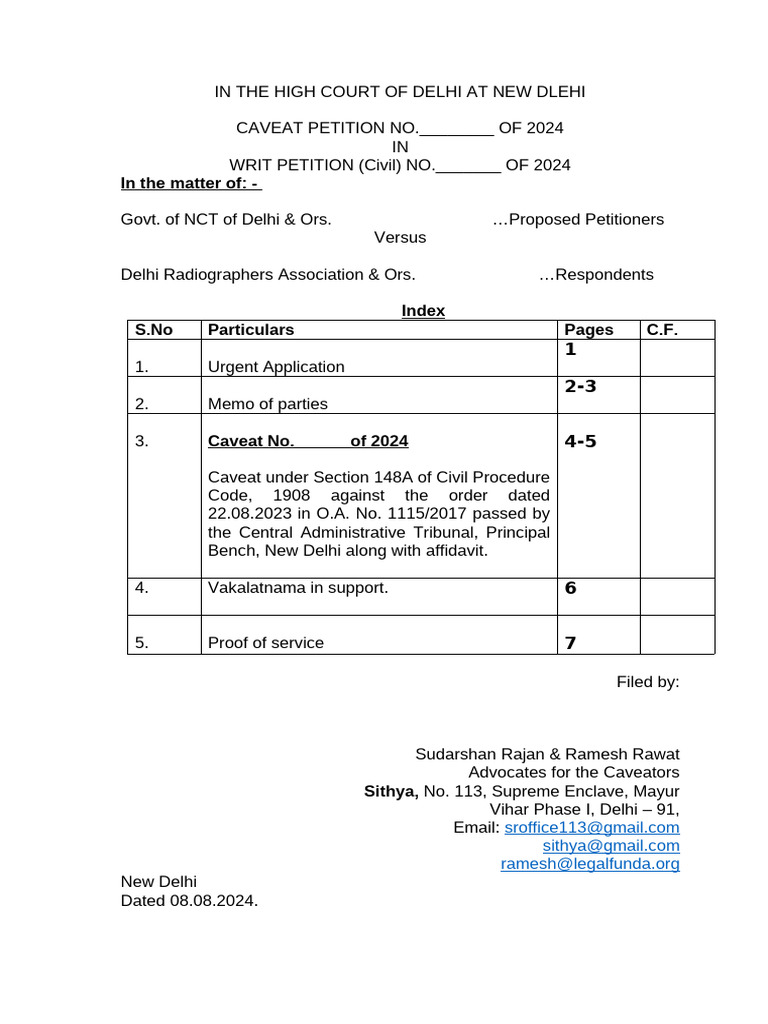 Delhi High Court Caveat Petition 2024 | PDF | Affidavit | Judiciaries