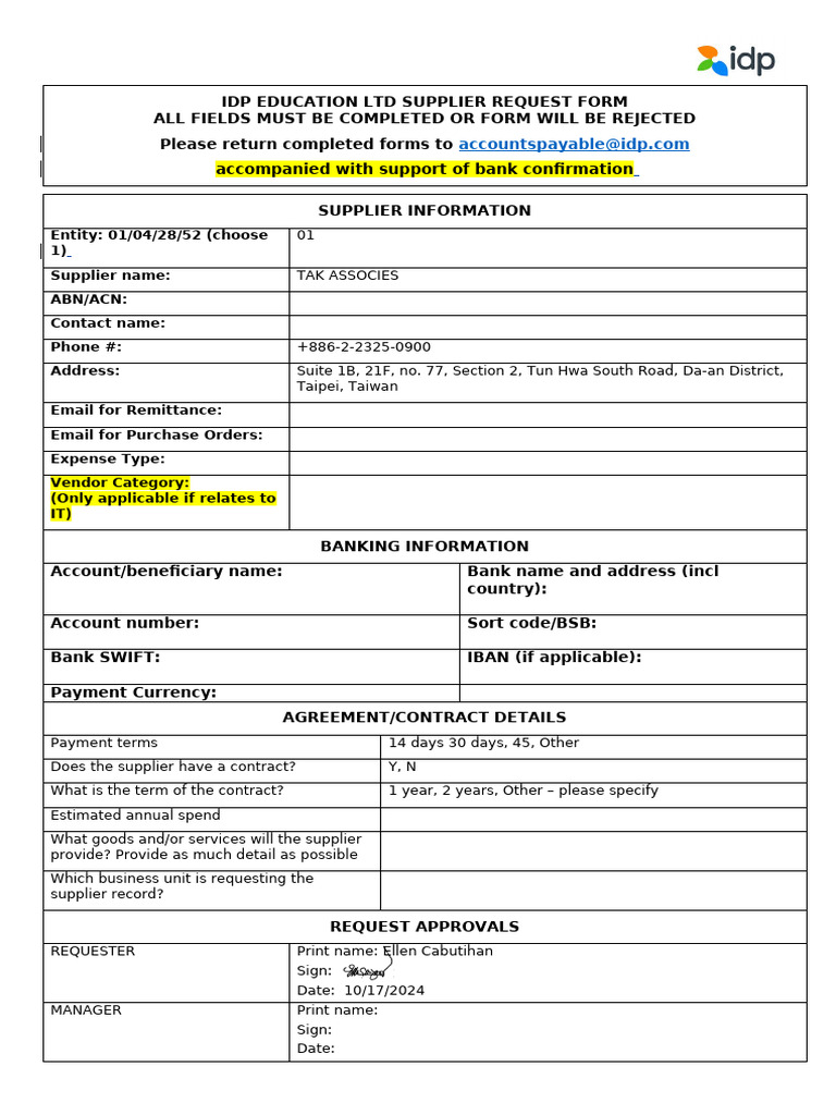 Supplier Request Form | PDF