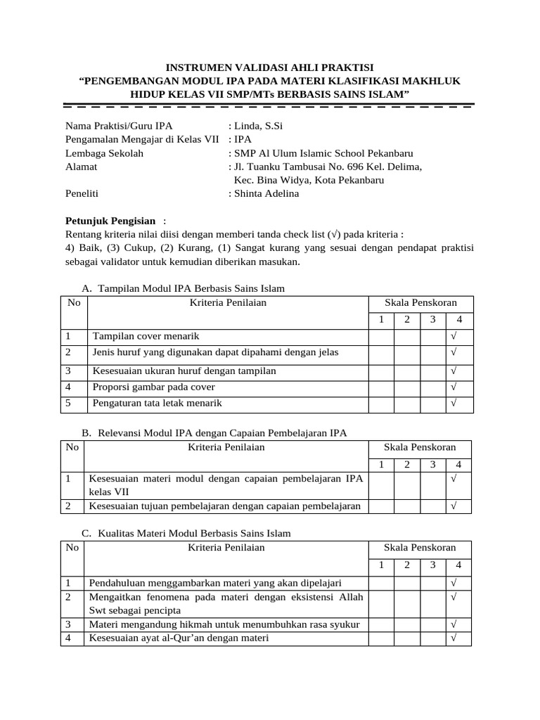 Instrumen Validasi Ahli Praktisi (Linda S.si) | PDF