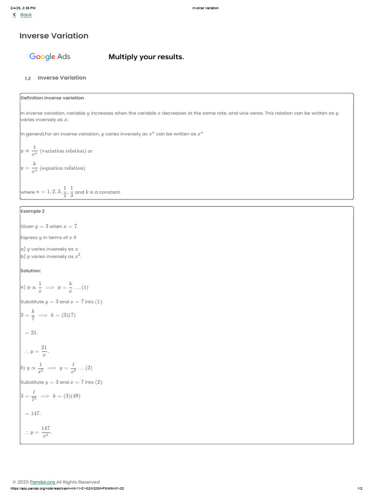 Inverse Variation | PDF | Mathematics | Equations
