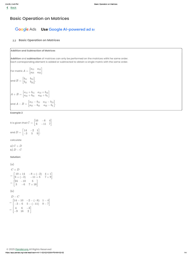 Basic Operation On Matrices | PDF | Matrix (Mathematics) | Operator Theory