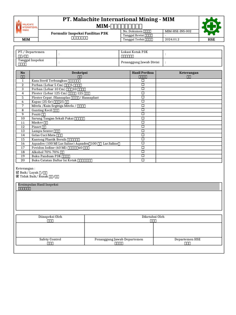 MIM-HSE-InS-002 Formulir Inspeksi Sarana P3K | PDF