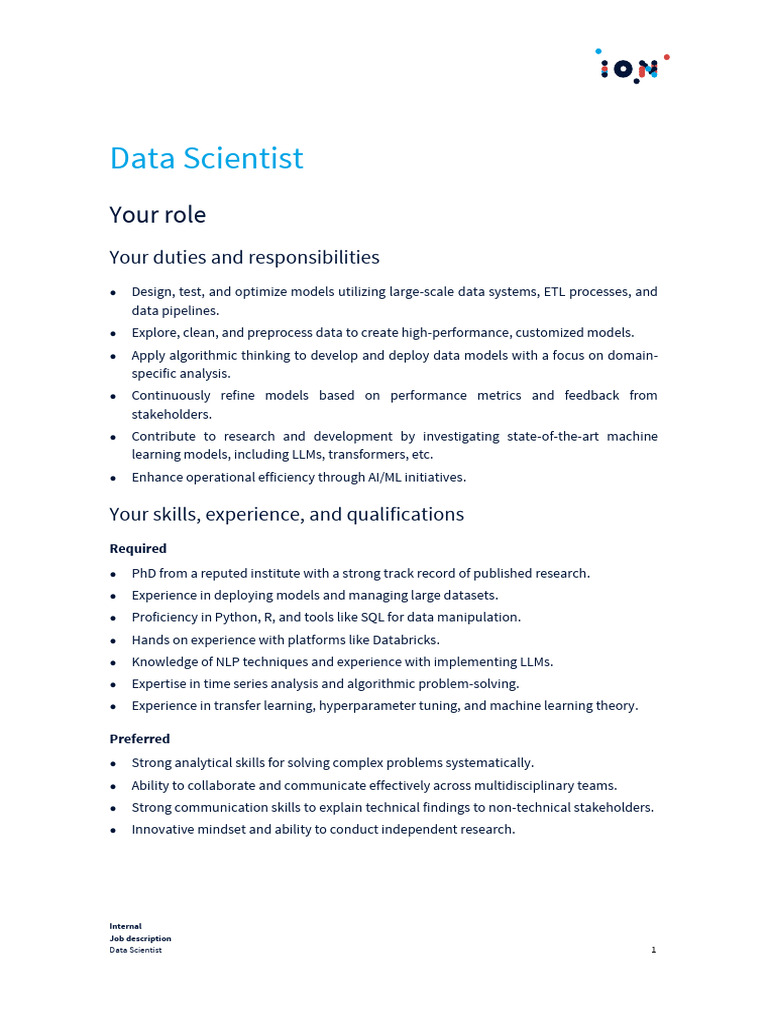 Data Scientist Job Description at ION | PDF | Data Science | Machine ...