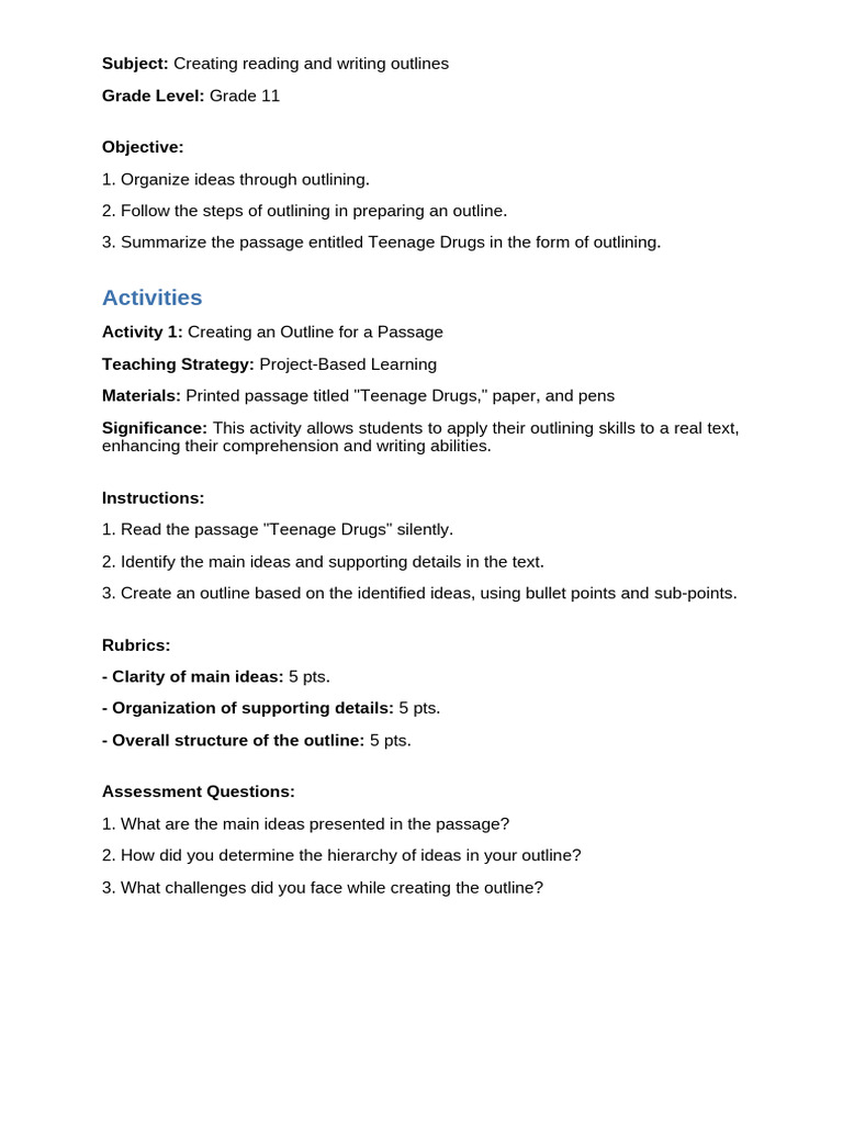 Creating reading and writing Outlines_lesson_plan | PDF | Reading ...