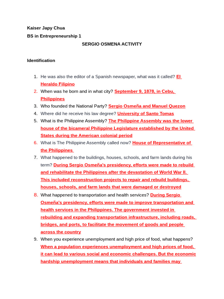 Sergio Osmena Activity | PDF