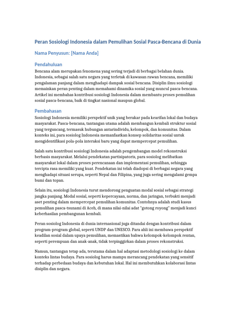 Peran Sosiologi Indonesia Dalam Pemulihan Sosial Pasca Bencana | PDF