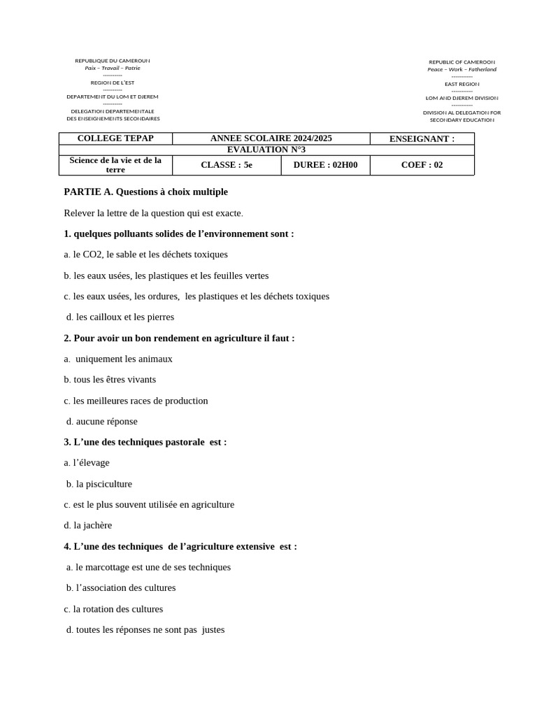 Epreuve Svt 5e - 3e Séquence | PDF | Environnement naturel