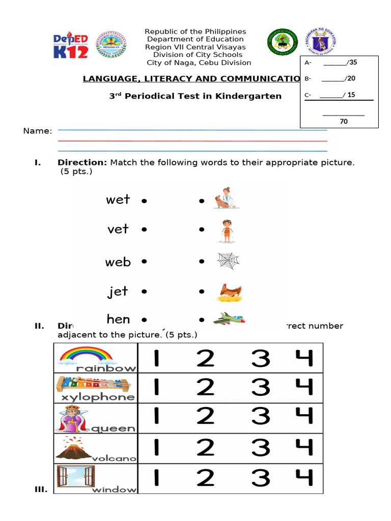 Kindergarten 3rd Periodical Test Guide | PDF