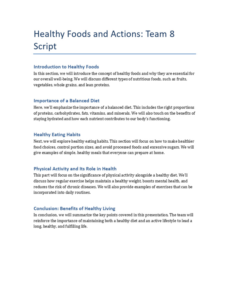 Healthy Foods and Actions Presentation Script | PDF