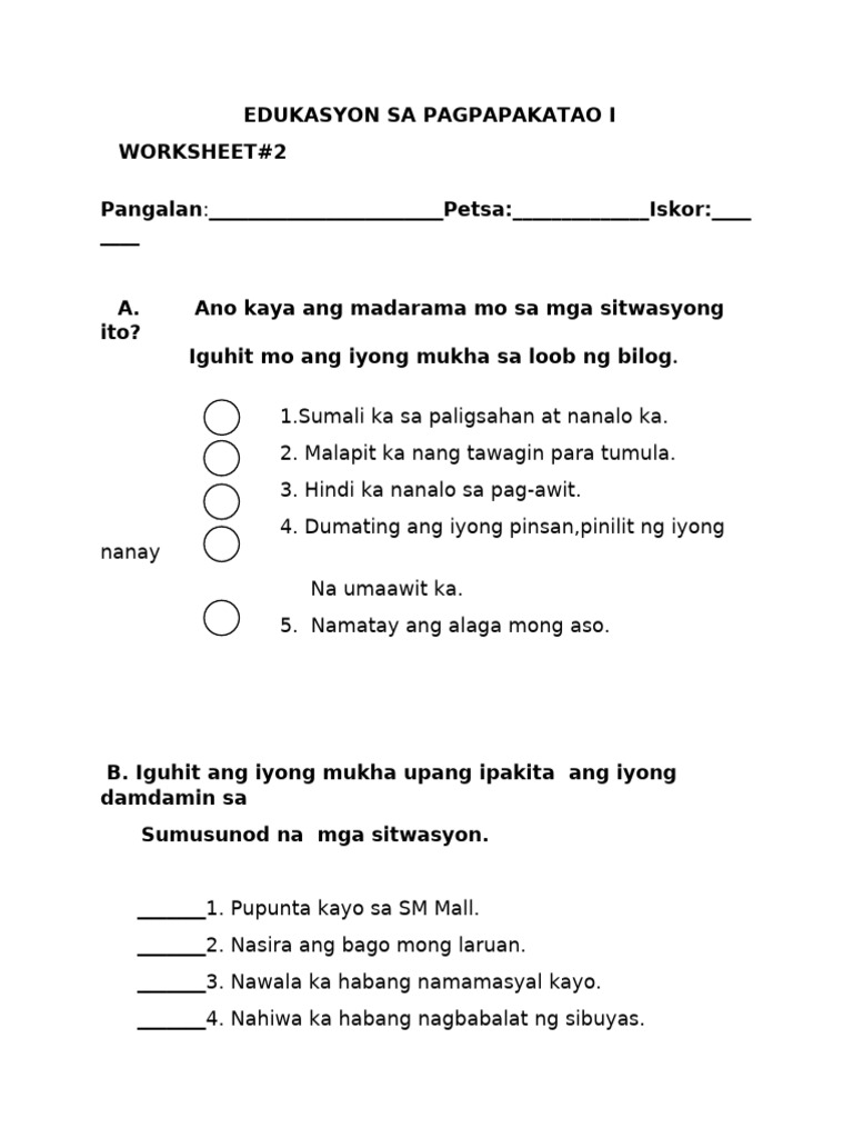 Worksheet in Edukasyon Sa Pagpapakatao I Final 2 | PDF