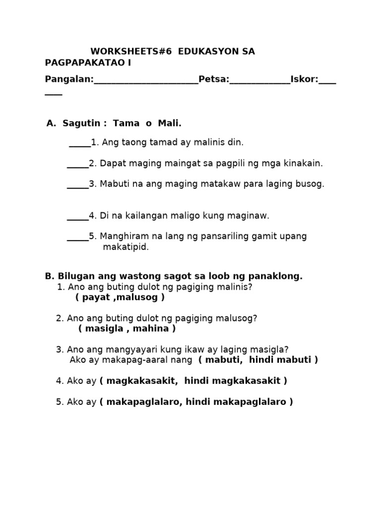 Worksheet in Edukasyon Sa Pagpapakatao i Final 6 | PDF