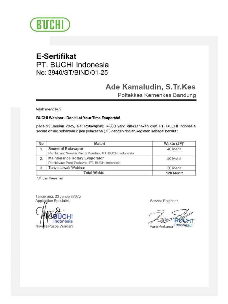 BUCHI E-Sertifikat Webinar Don T Let Your Time Evaporate 2025-01-23 | PDF
