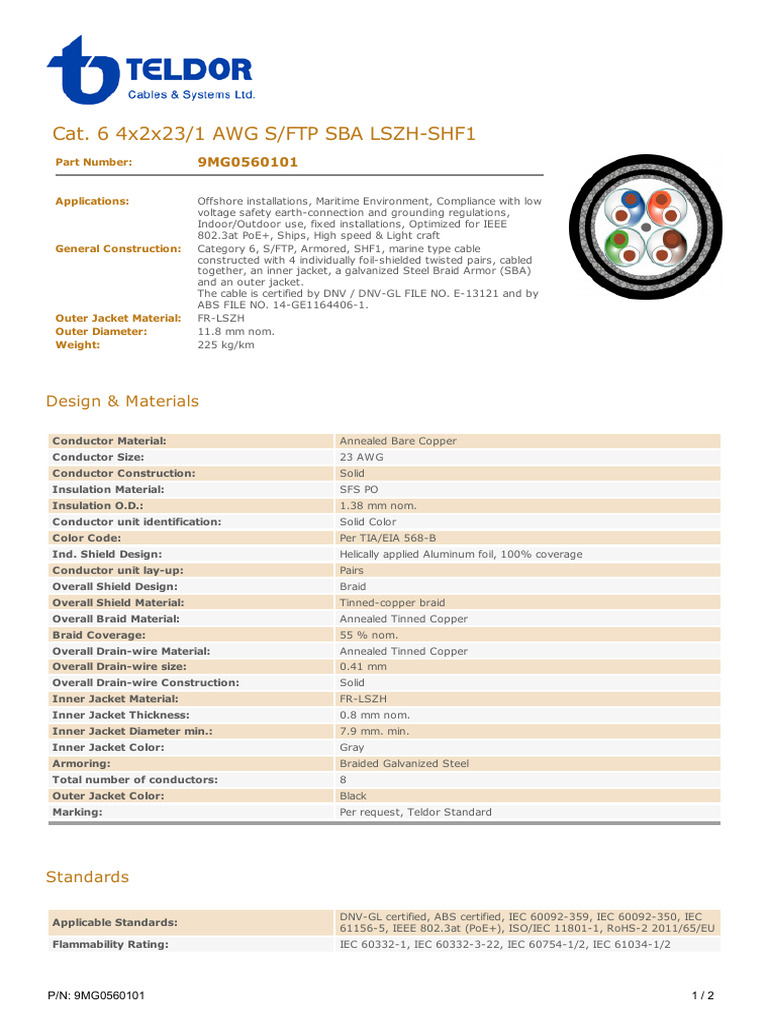 TELDOR Marine CAT6 4x2x23 1 AWG SFTP SBA LSZH SHF1 9MG0560101 PDF