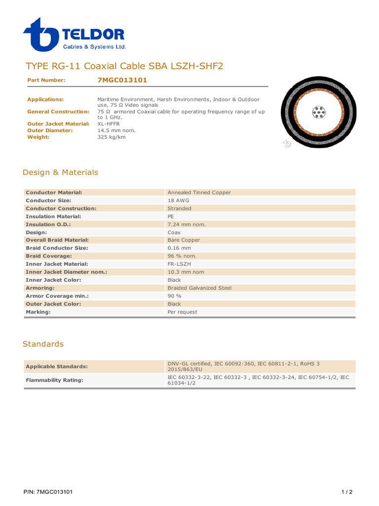 TYPE RG-11 Coaxial Cable SBA LSZH-SHF2 7MGC013101 | PDF | Coaxial Cable ...