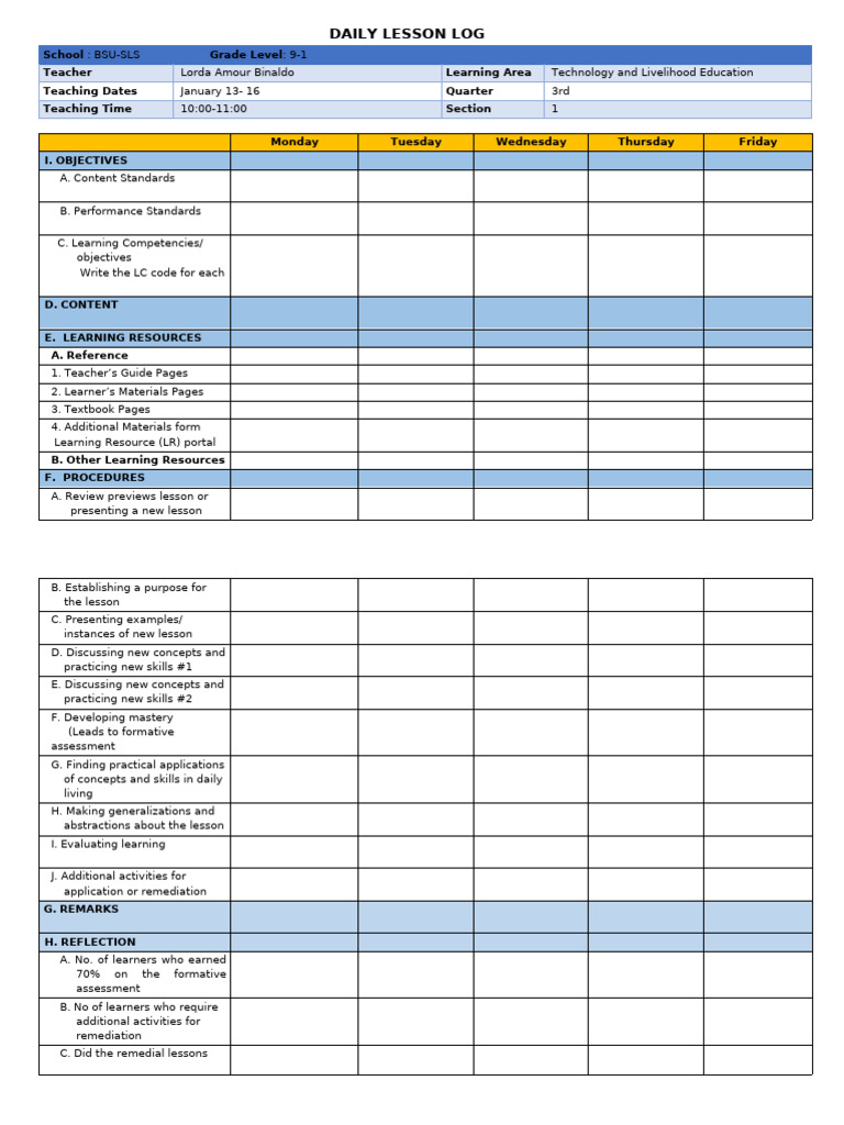 Daily Lesson Log Template | PDF