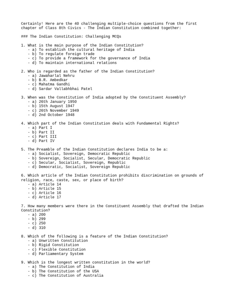 Civics Chapter 1 MCQs Class 8 | PDF | Pardon | Constitution