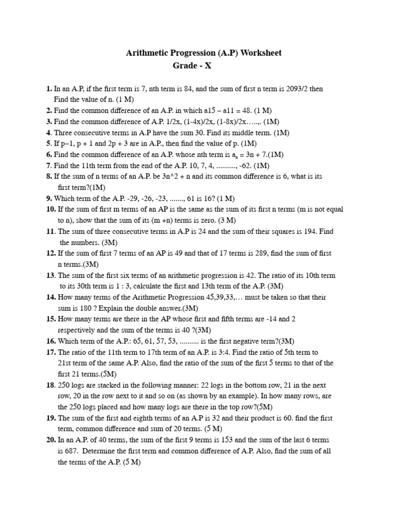 Arithmetic Progression Worksheet(A.P) | PDF | Mathematics