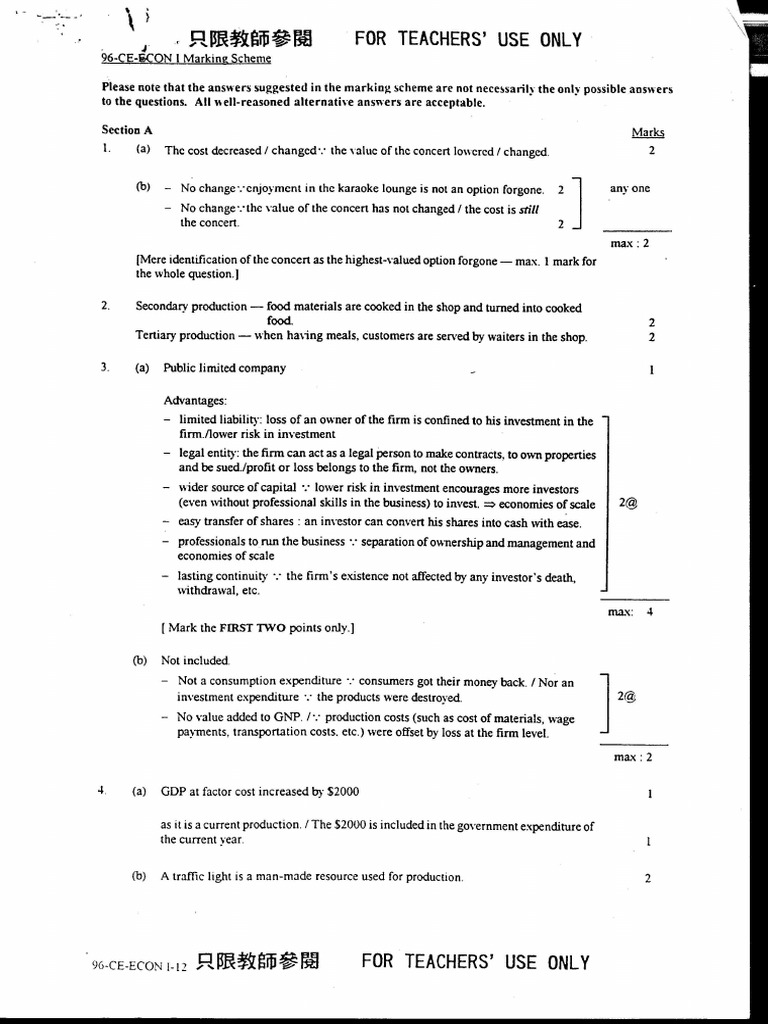 1996 Economics Paper 1 Marking Scheme | PDF