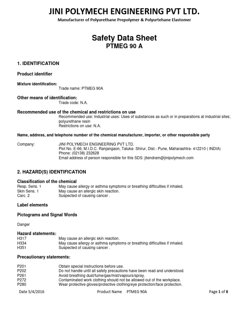 MSDS Ptmeg 90 A (PDF) - Jini | PDF | Dangerous Goods | Toxicity